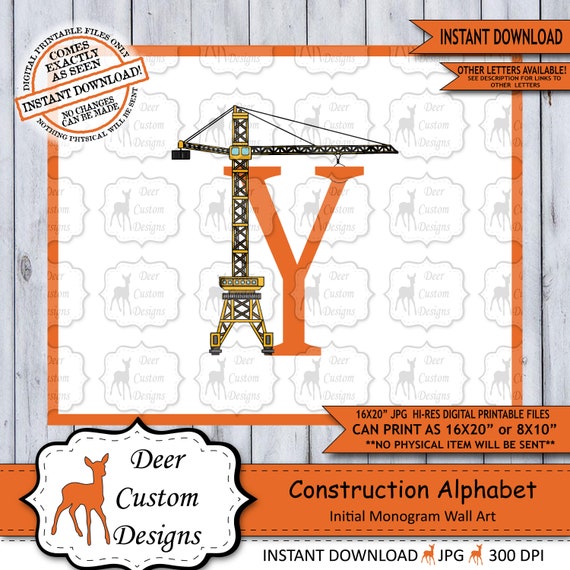 Letter Y Print, Construction Vehicles Alphabet Printable Nursery Art ...