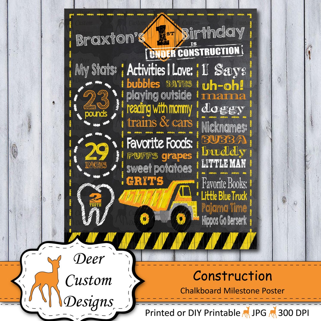 Construction 1st Birthday Chalkboard Poster | Dump Truck First Birthday ...