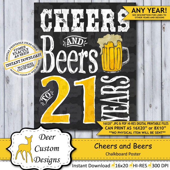 Cheers and Beers 21 Years | 21st Birthday Poster | Cheers to 21 ...