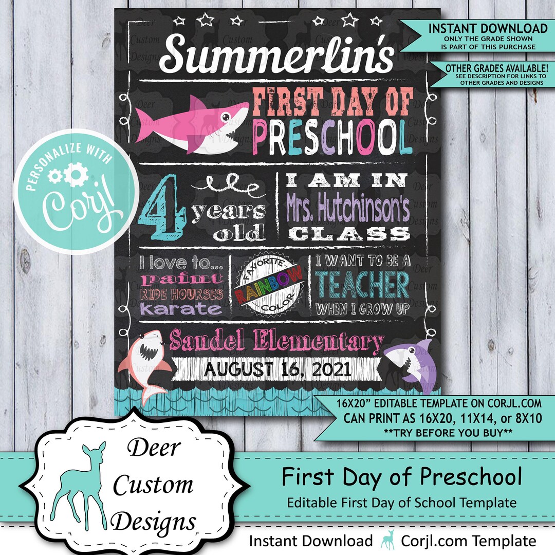 Back to School Sign Editable Template | Baby Shark First Day of ...