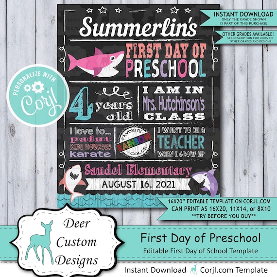 Back to School Sign Editable Template | Baby Shark First Day of ...