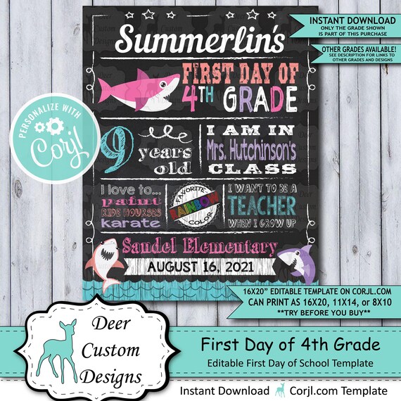 Back to School Sign Editable Template | Baby Shark First Day 4th Grade ...