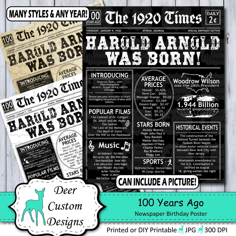100th Birthday Poster 100th Anniversary Poster Newspaper | Etsy
