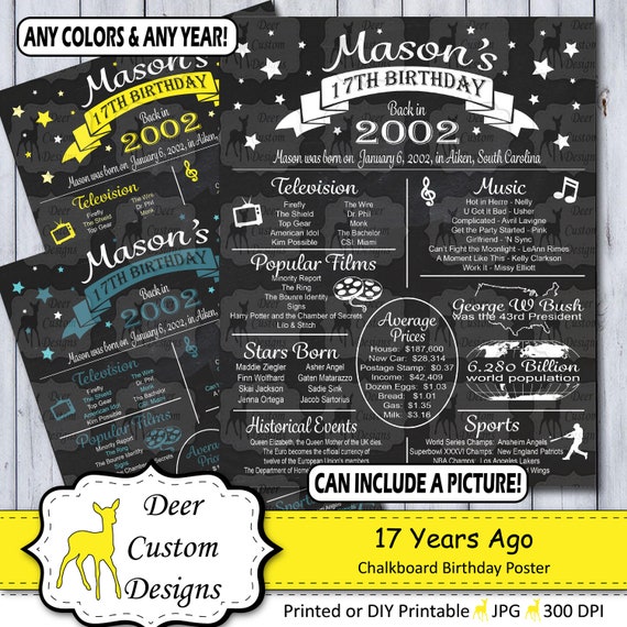 17th Birthday Poster, 17 Years Ago Birthday Sign, Born in 2002 Birthday ...