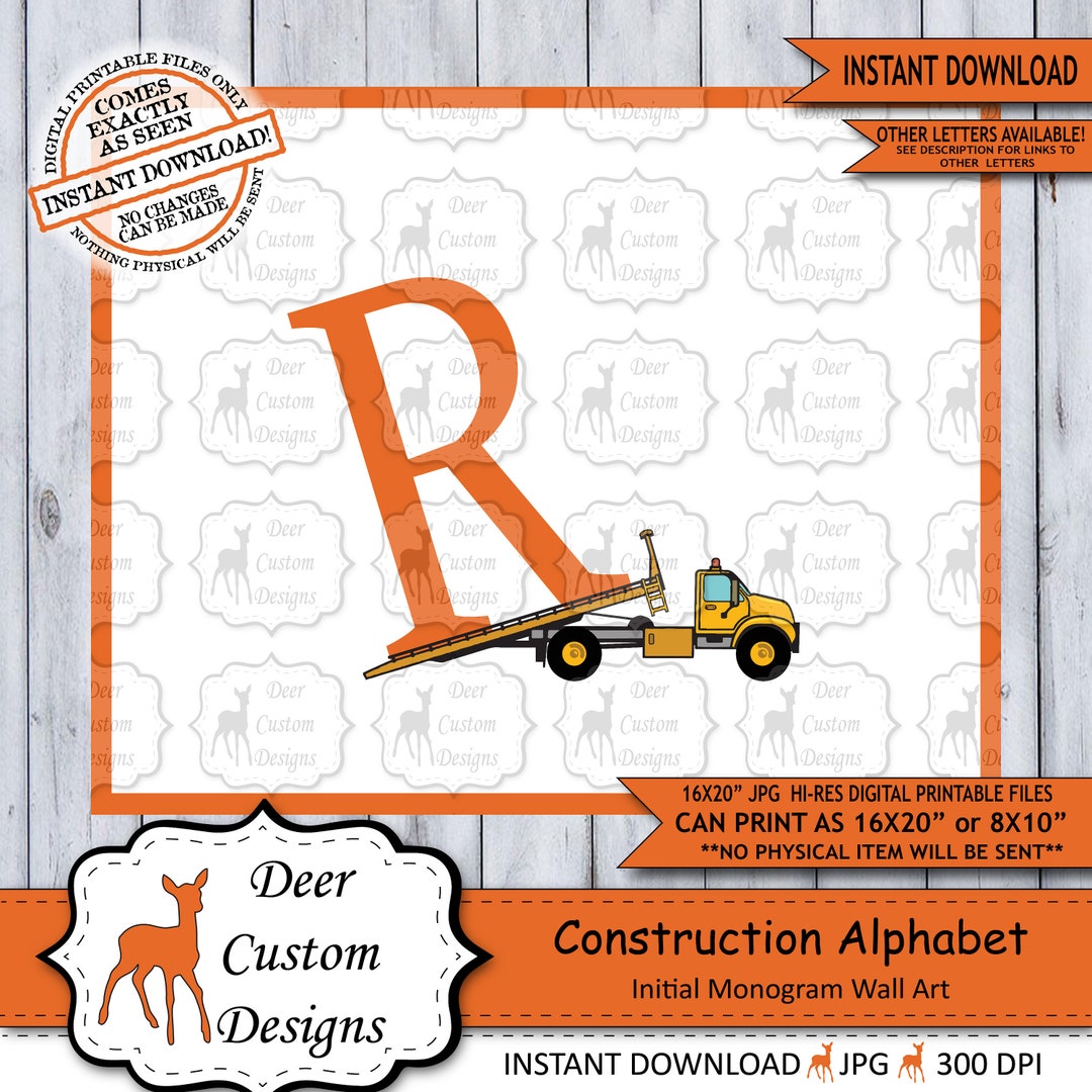 Letter R Print, Construction Vehicles Alphabet Printable Nursery Art ...