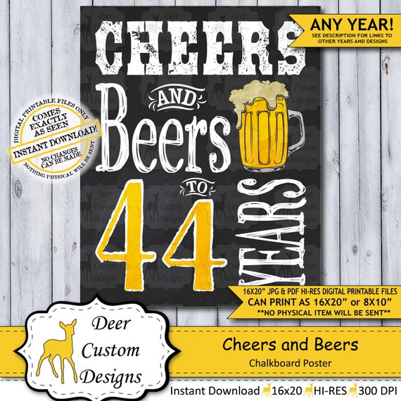 Cheers and Beers to 44 Years Chalkboard Poster | Instant Download Man's ...