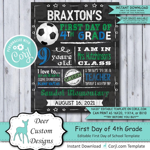 Back to School Sign Editable Template | Soccer First Day 4th Grade ...