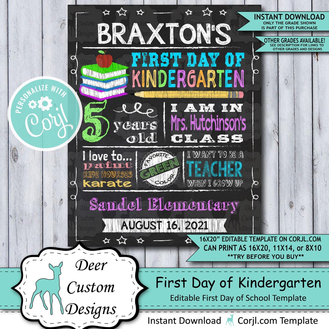 Back to School Sign Editable Template | Books First Day of Kindergarten ...