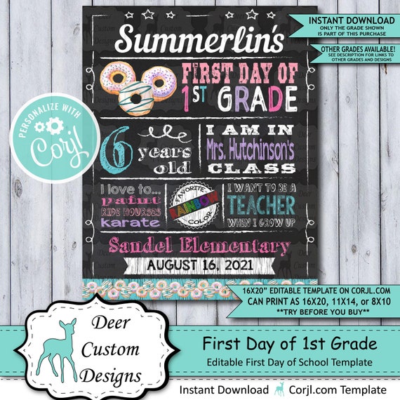 Back to School Sign Editable Template | Donuts First Day of 1st Grade ...