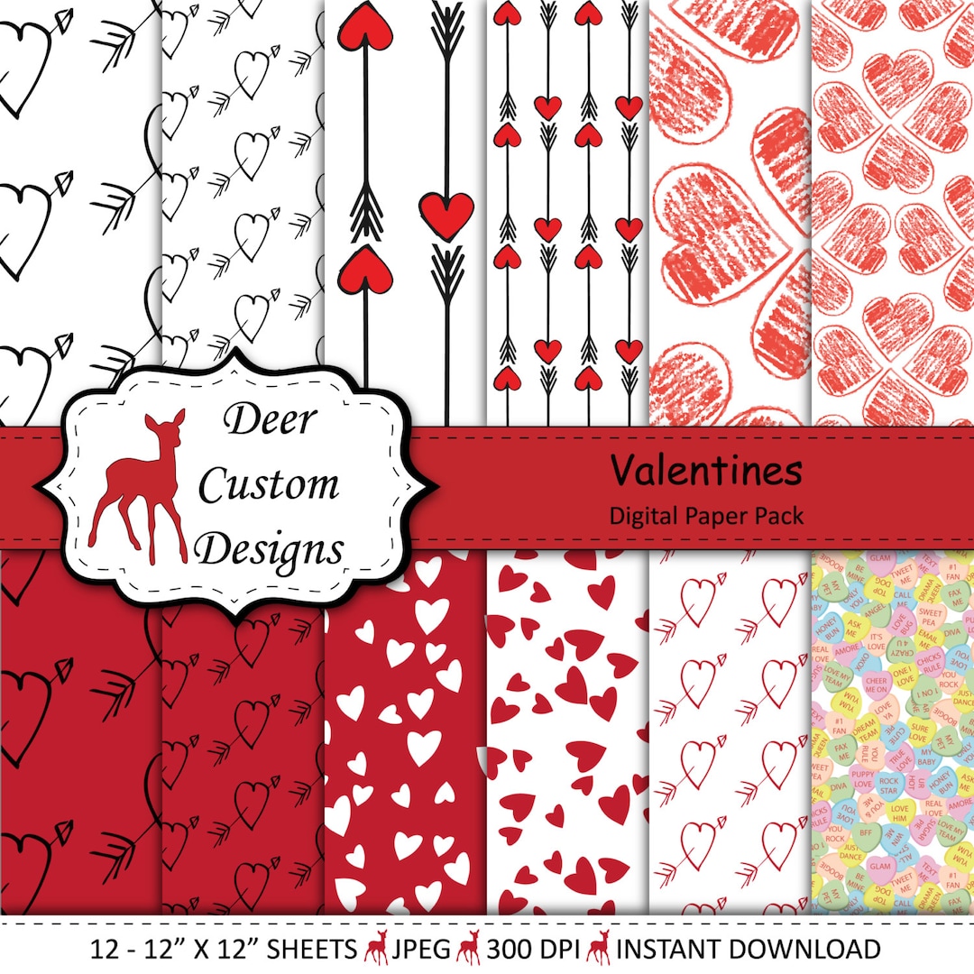 Valentines Digital Paper Pack: Hearts, Arrows, Candy (12x12" Jpegs ...