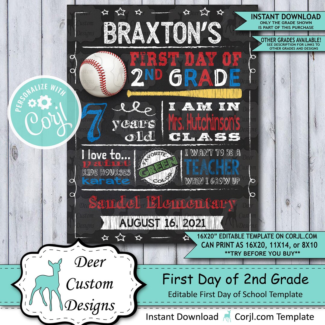 Back to School Sign Editable Template | Baseball First Day 2nd Grade ...