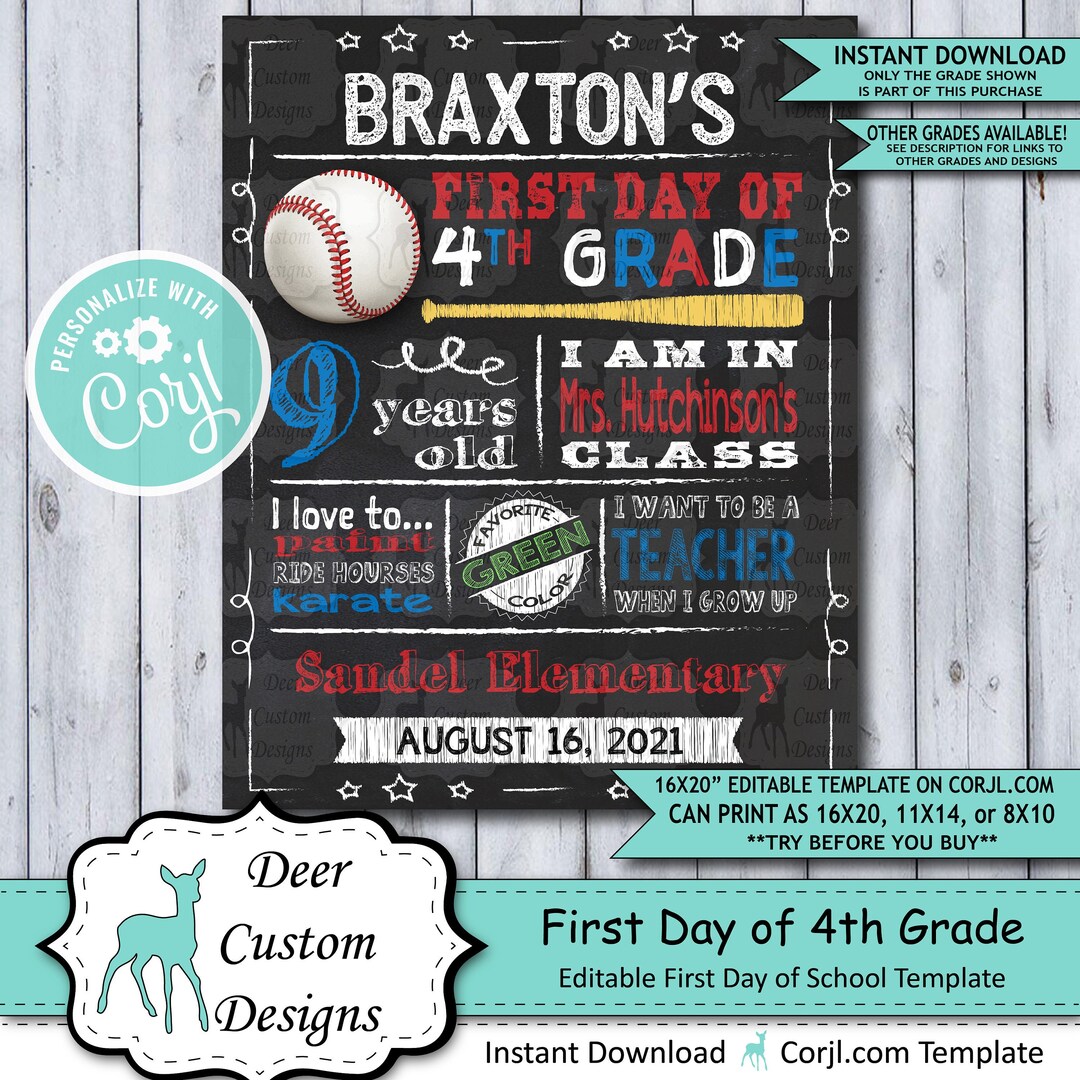 Back to School Sign Editable Template | Baseball First Day 4th Grade ...