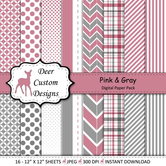Pink and Gray Digital Paper Pack | 16 Pink & Grey Digital Scrapbook ...