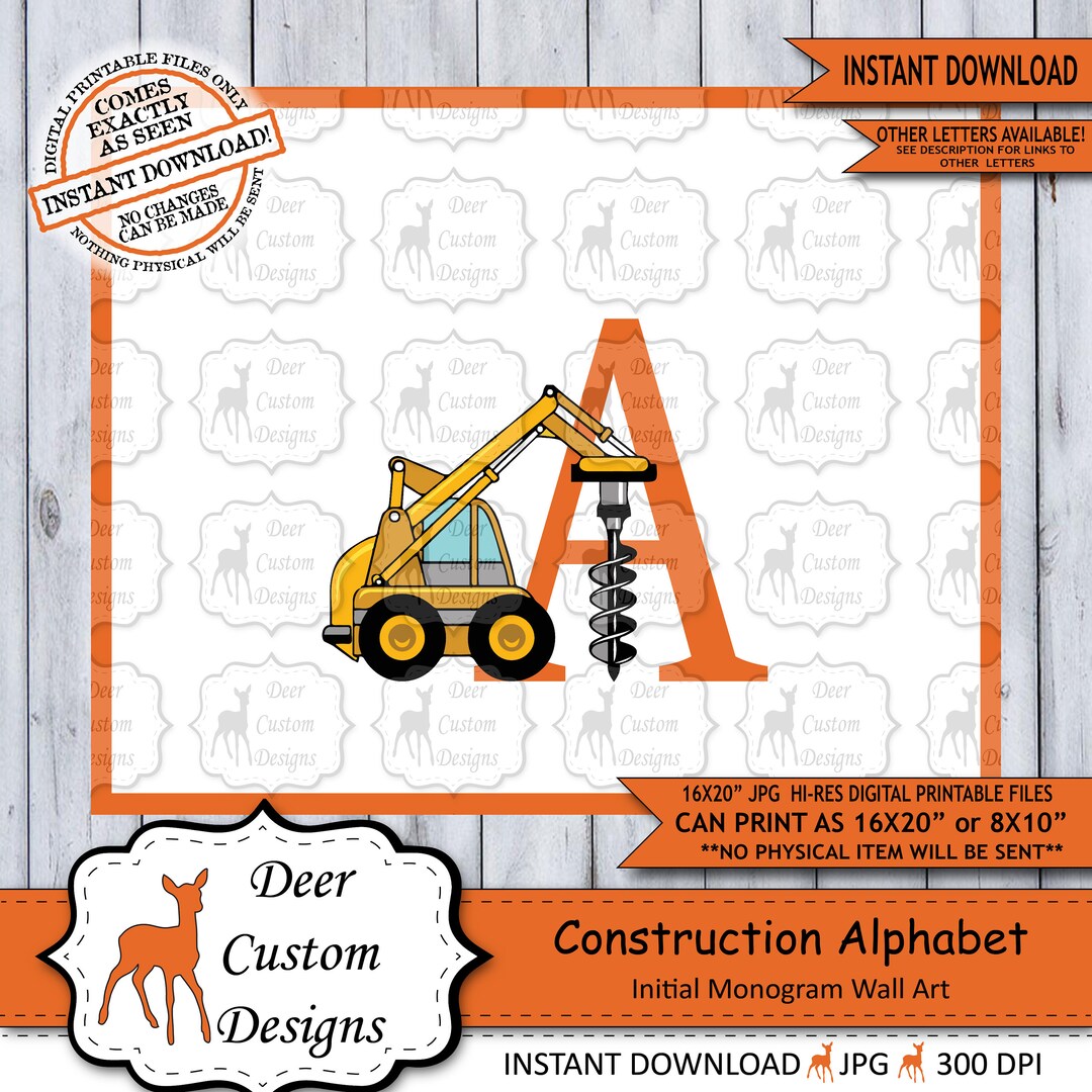 Letter A Print, Construction Vehicles Alphabet Printable Nursery Art ...