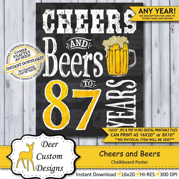 Cheers and Beers to 87 Years Chalkboard Poster | Instant Download Man's ...