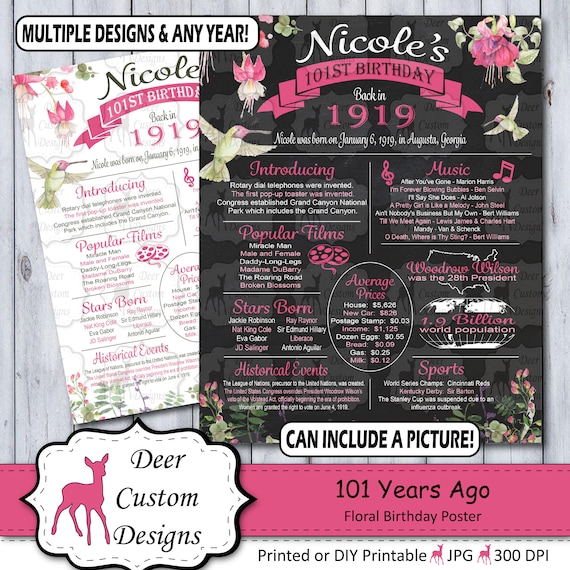 101st Birthday Poster | 101st Anniversary Poster | Floral Chalkboard ...