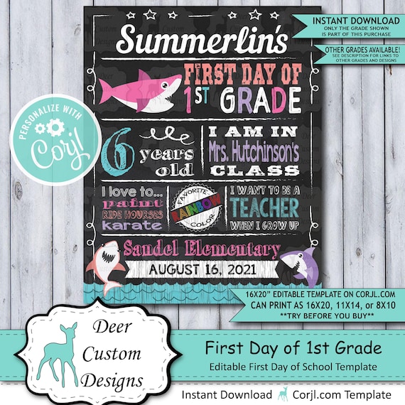 Back to School Sign Editable Template | Baby Shark First Day of 1st ...