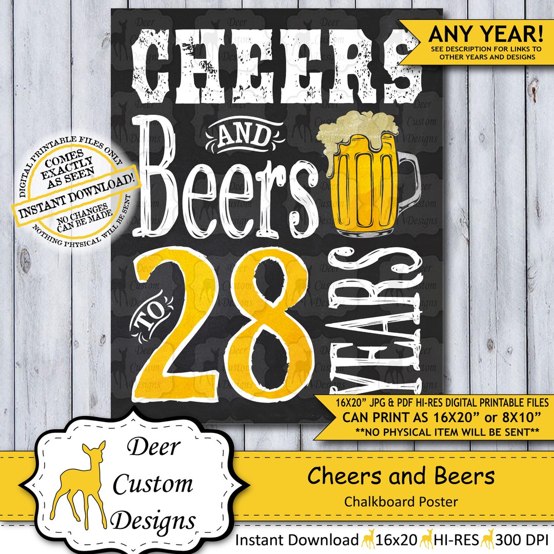 Cheers and Beers 28 Years | 28th Birthday Poster | Cheers to 28 ...