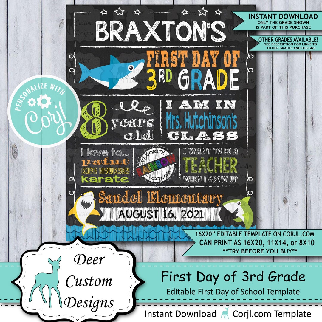 Baby Shark 3rd Grade Chalkboard Sign: Back to School Poster (corjl ...