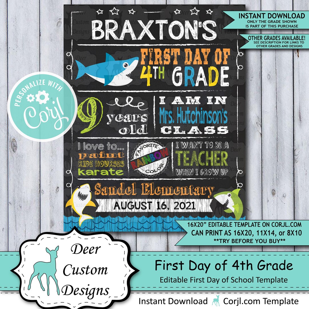 Back to School Sign Editable Template | Baby Shark First Day 4th Grade ...