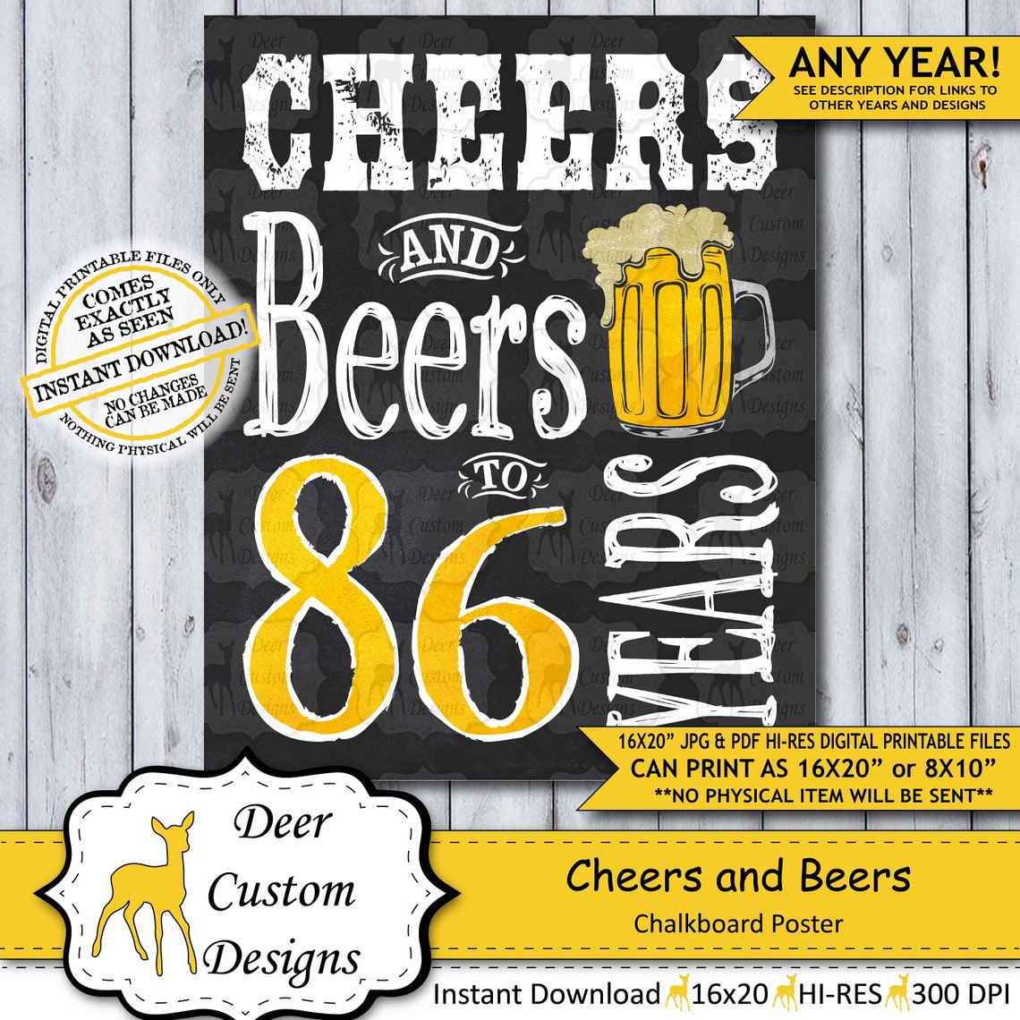 Cheers and Beers to 86 Years Chalkboard Poster Instant - Etsy