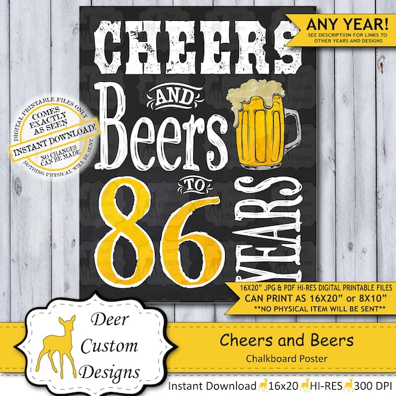 Cheers and Beers to 86 Years Chalkboard Poster | Instant Download Man's ...
