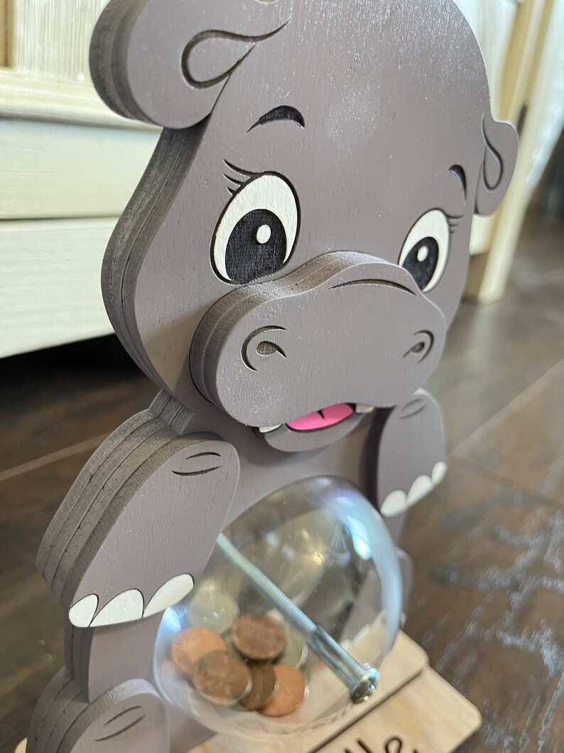 Hippo Piggy Bank: Wood Coin Bank With Clear Belly Ball - Etsy
