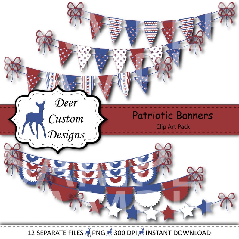 Patriotic Banners Digital Clipart Pack | 12 Patriotic Bunting Banners ...