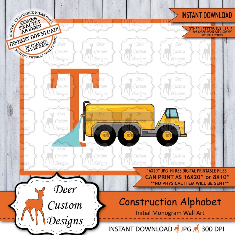 Letter T Construction Truck Print: Alphabet Nursery Decor (digital ...