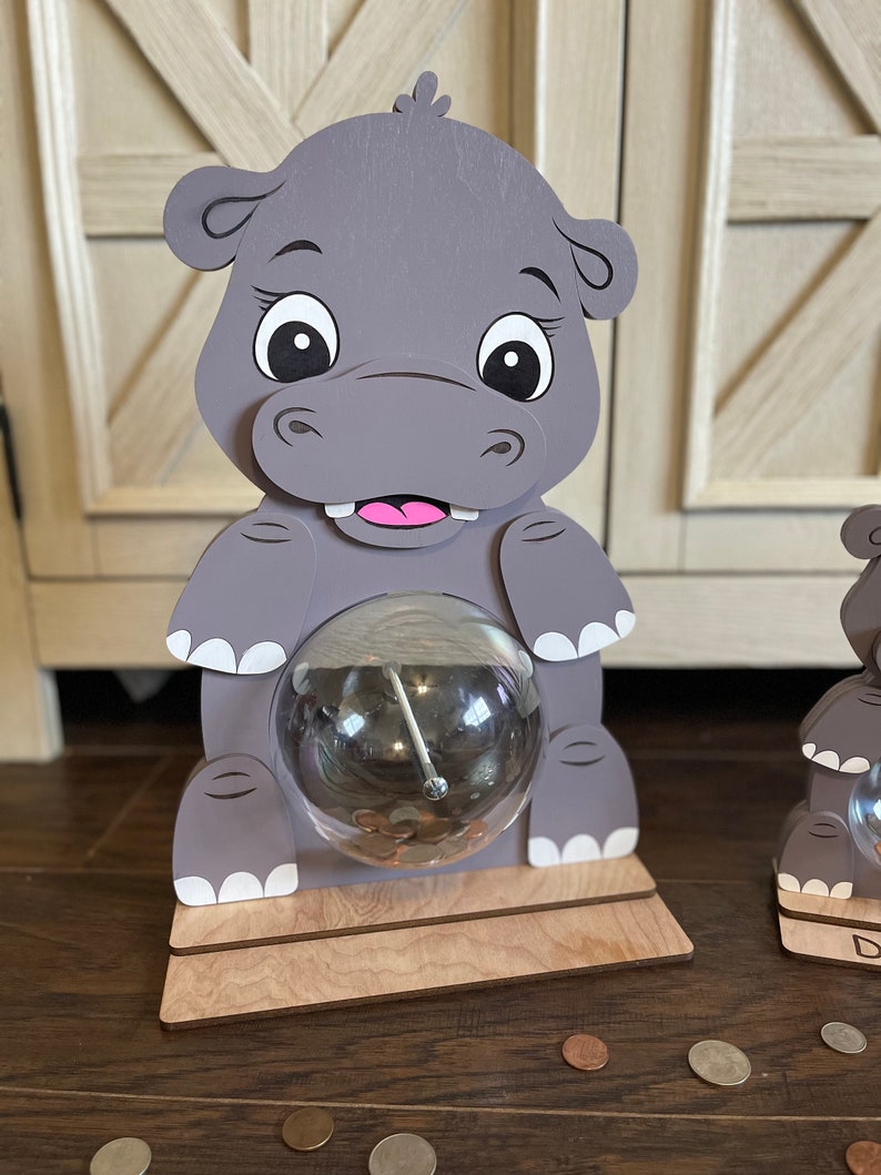 Hippo Piggy Bank: Wood Coin Bank With Clear Belly Ball - Etsy