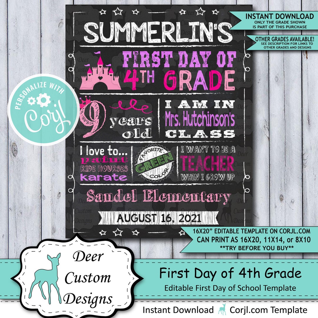 4th Grade First Day of School Chalkboard Sign (corjl Editable Template ...