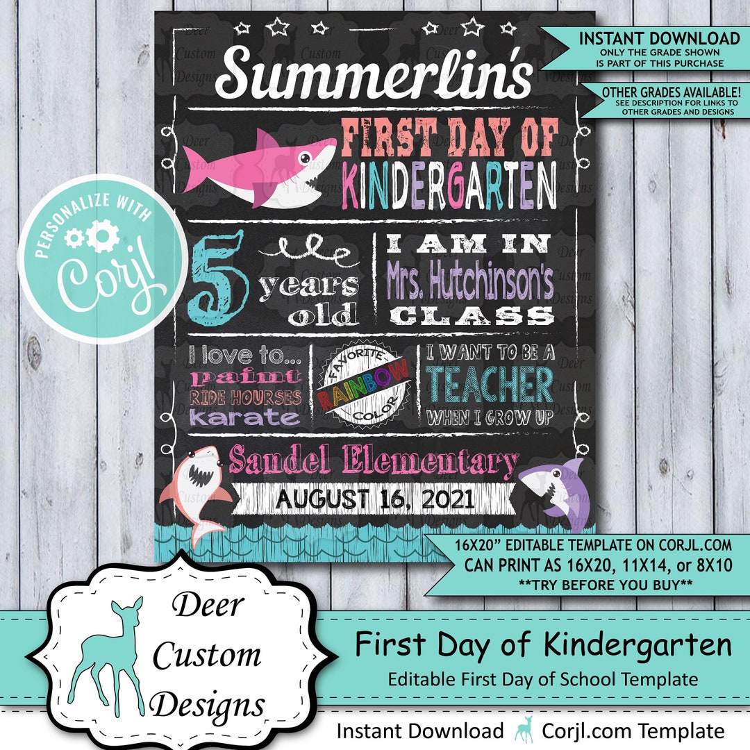 Baby Shark Kindergarten Sign: First Day Chalkboard Poster (corjl ...