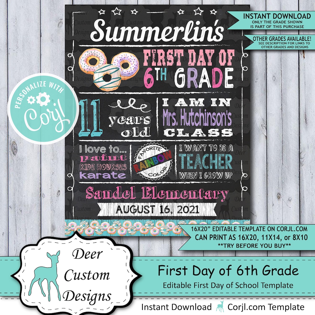6th Grade First Day of School Chalkboard Sign (corjl Editable Template ...