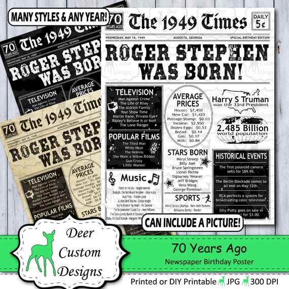 70th Birthday Poster 70 Years Ago Birthday Newspaper Poster 1949 