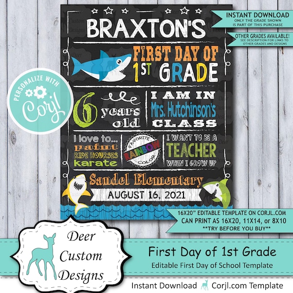 Back to School Sign Editable Template | Baby Shark First Day of 1st ...