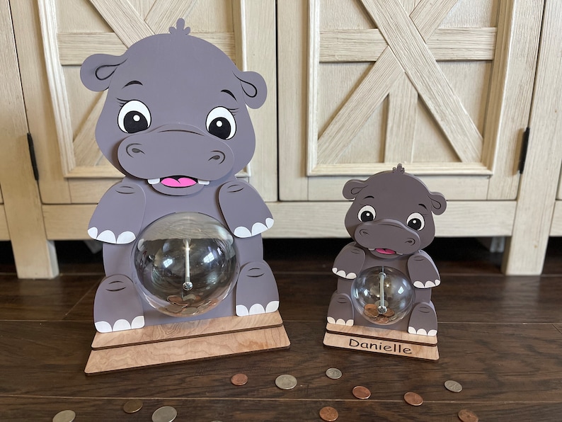 Hippo Piggy Bank: Wood Coin Bank With Clear Belly Ball - Etsy