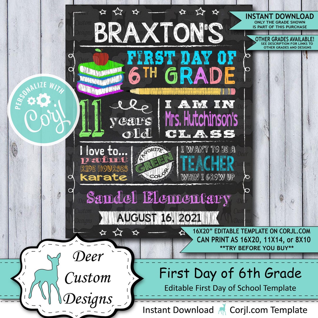 6th Grade Chalkboard Sign: First Day of School Keepsake (corjl Template ...