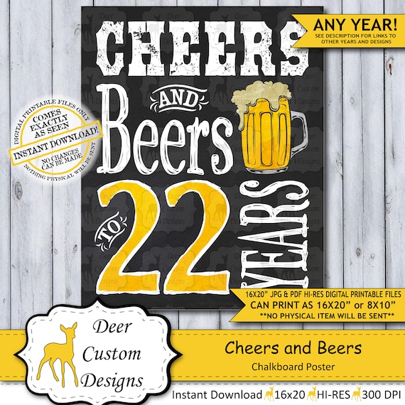 Cheers And Beers 22 Years 22nd Birthday Poster Cheers To Etsy