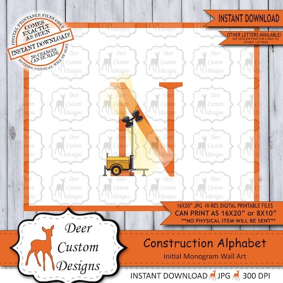 Letter N Print, Construction Vehicles Alphabet Printable Nursery Art ...