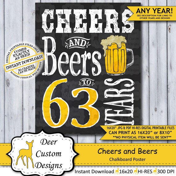 Cheers and Beers to 63 Years Chalkboard Poster | Instant Download Man's ...