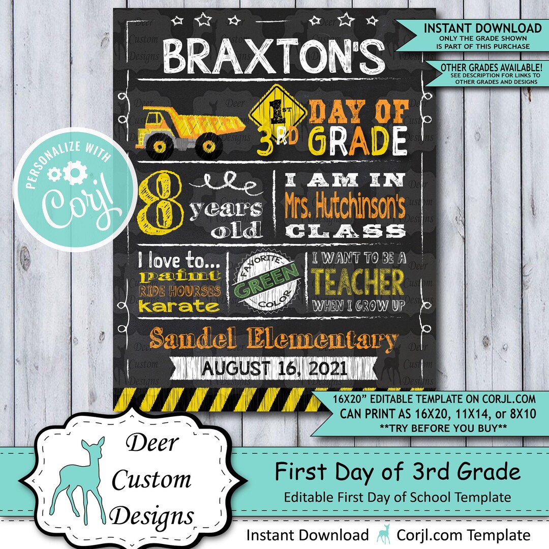 Back to School Sign Editable Template | Construction First Day of 3rd ...