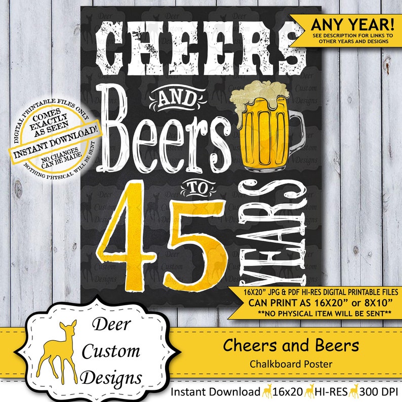 Cheers And Beers To 45 Years Chalkboard Poster Instant Etsy