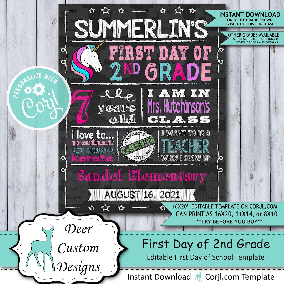 Back to School Sign Editable Template | Unicorn First Day 2nd Grade ...