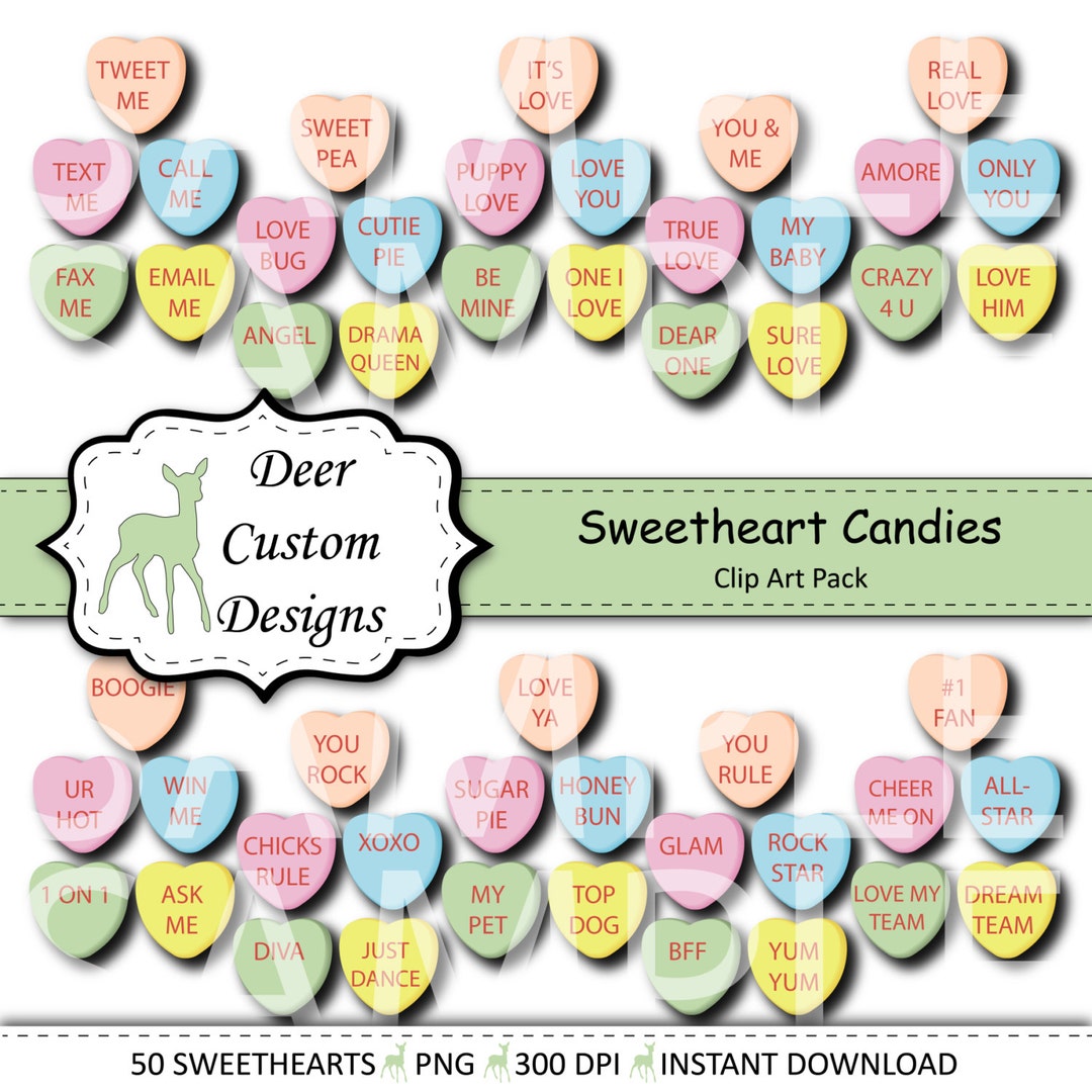 Valentines Sweetheart Candy Digital Clipart Pack | 50 Heart Candies PNG ...