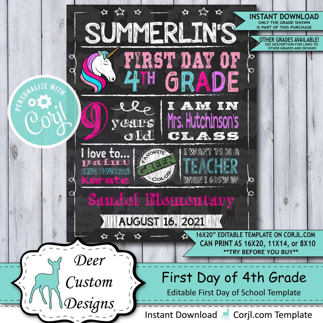 Back to School Sign Editable Template | Unicorn First Day 4th Grade ...