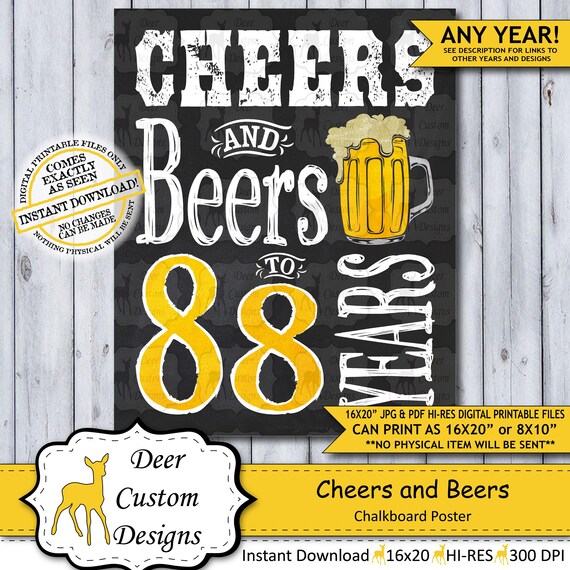Cheers and Beers to 88 Years Chalkboard Poster | Instant Download Man's ...