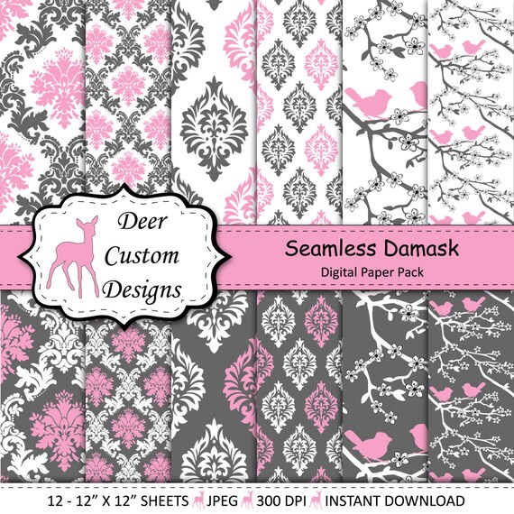 Damask Digital Paper Pack | 12 Pink Gray White Damask Digital Scrapbook ...
