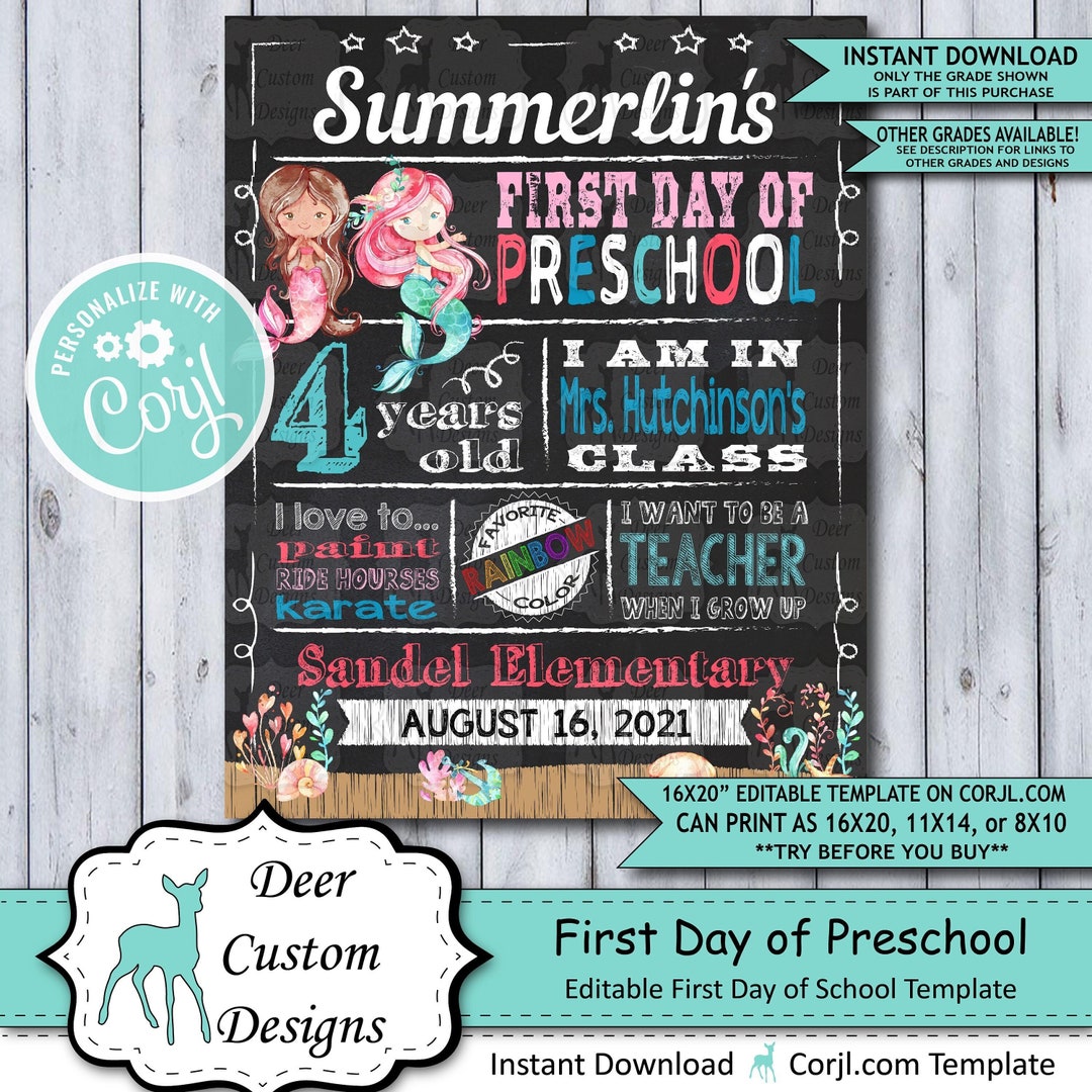Back to School Sign Editable Template | Mermaids Ocean First Day of ...