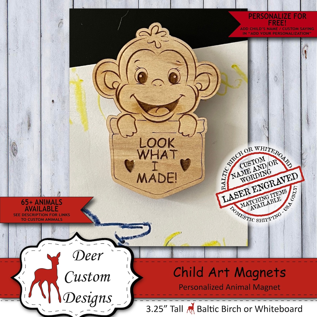 Personalized Wooden Monkey Magnet: Kids Art Display - Etsy