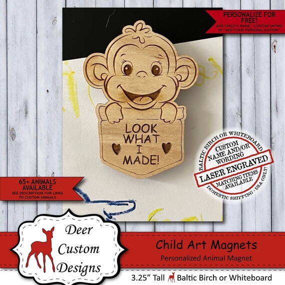 Wooden Monkey Child Artwork Magnet | Personalized Kids Fridge Art ...